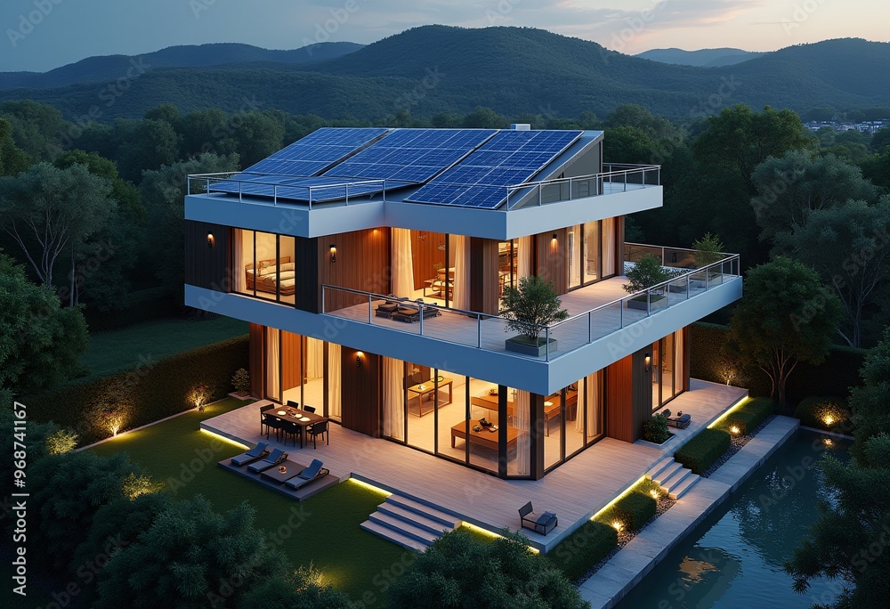 Top view luxury smart home with solar panels photovoltaic rooftop ...