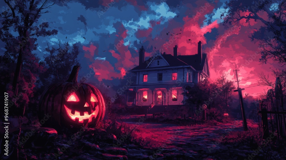 Spooky Halloween Night Scene with a Large Pumpkin in Front of a White ...