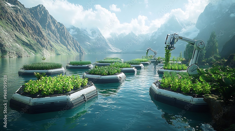 Photorealistic image of a hightech floating farm with crops growing on ...