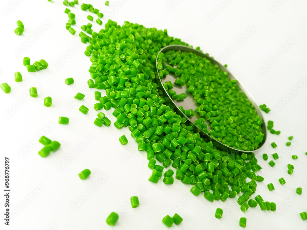 Green masterbatch granule, green pigment, green granules in a cup, cold ...