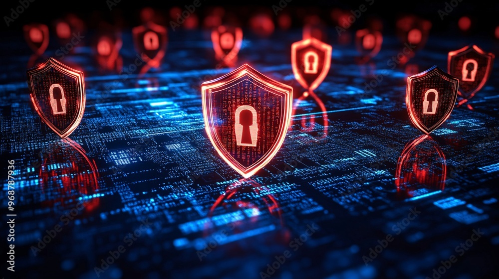 Cybersecurity-themed matrix of encrypted code floating locks and shields symbolizing protection ...