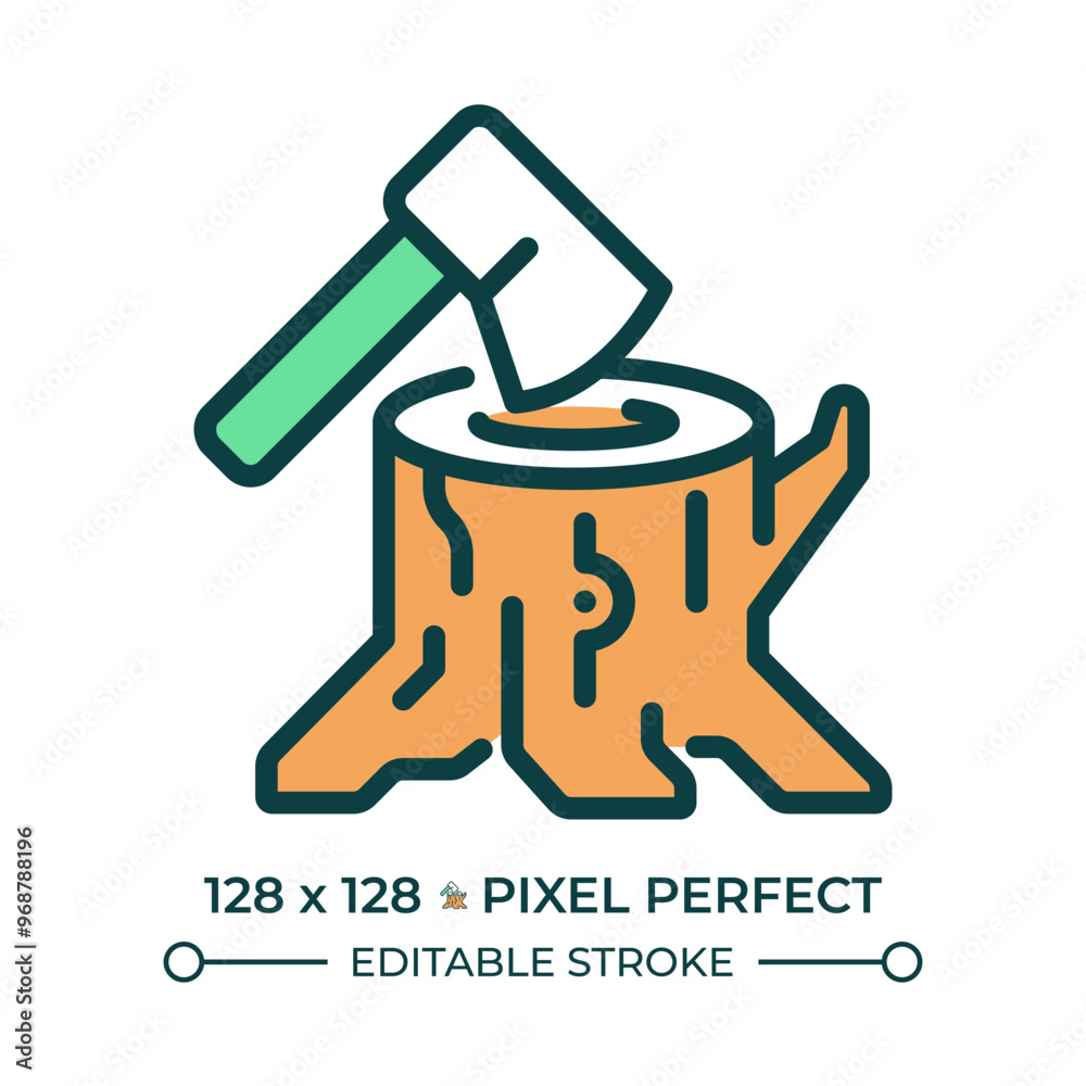 Deforestation RGB color icon. Tree stump and axe. Forest degradation ...
