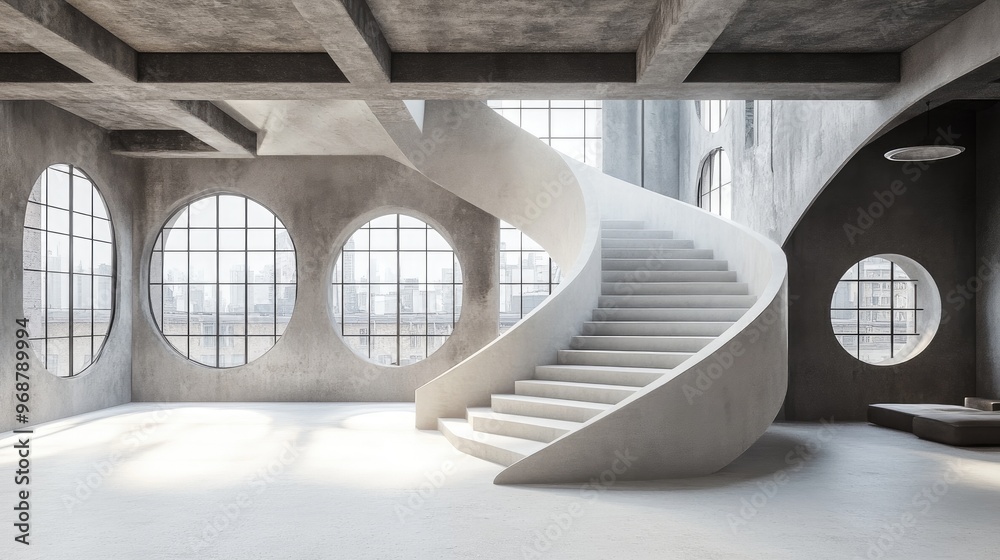 Interior architectural background featuring curved stairs and round ...