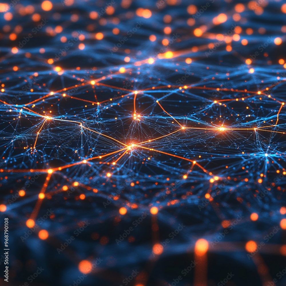 Interconnected nodes and glowing lines forming a neural network representation of AI and machine ...