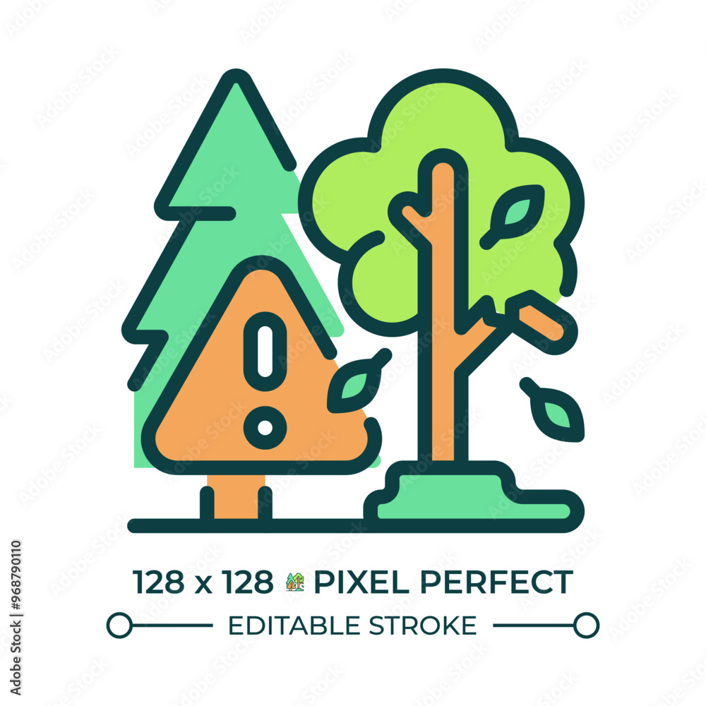 Tree risk RGB color icon. Falling leaves. Warning sign and trees ...