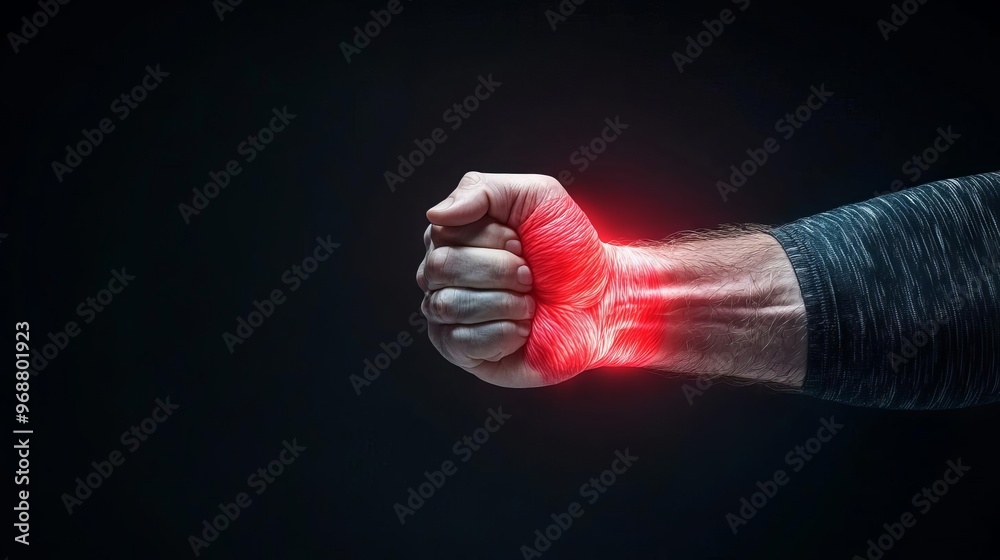 Human arm muscles contracting with sharp red pain indicators ...