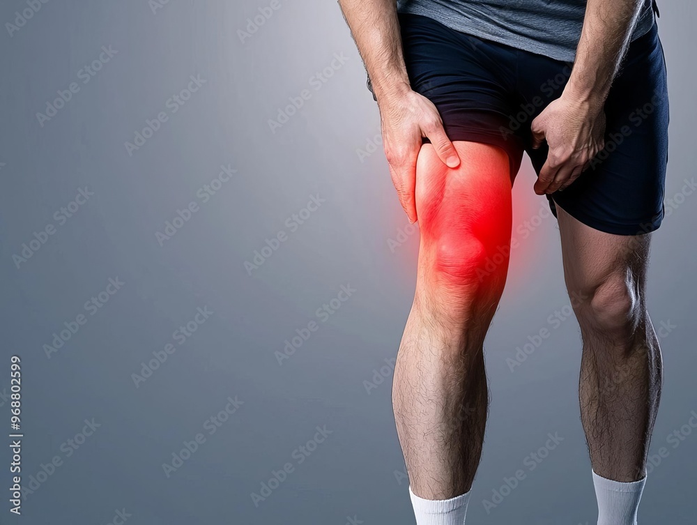 Person gripping their thigh, with red muscles highlighted, representing ...