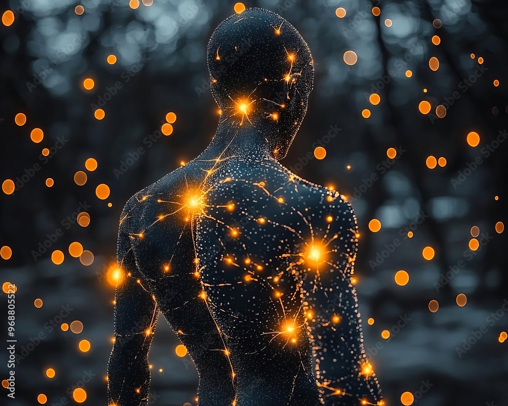 Body silhouette surrounded by glowing nerve fibers, with focal points ...