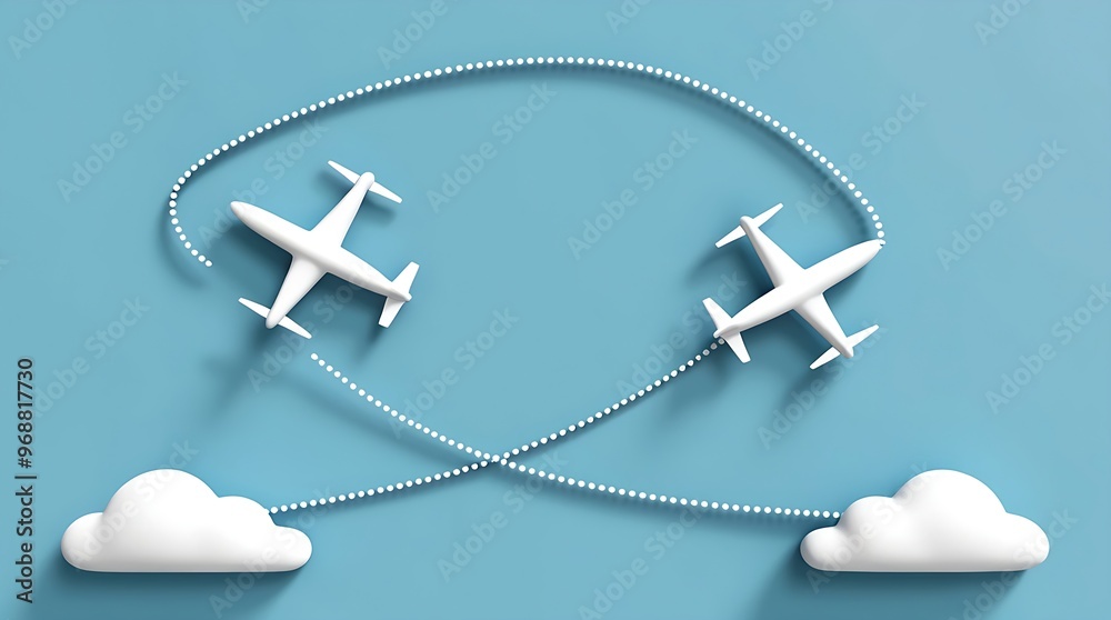 Minimalist 3D illustration featuring two white airplanes with dotted ...