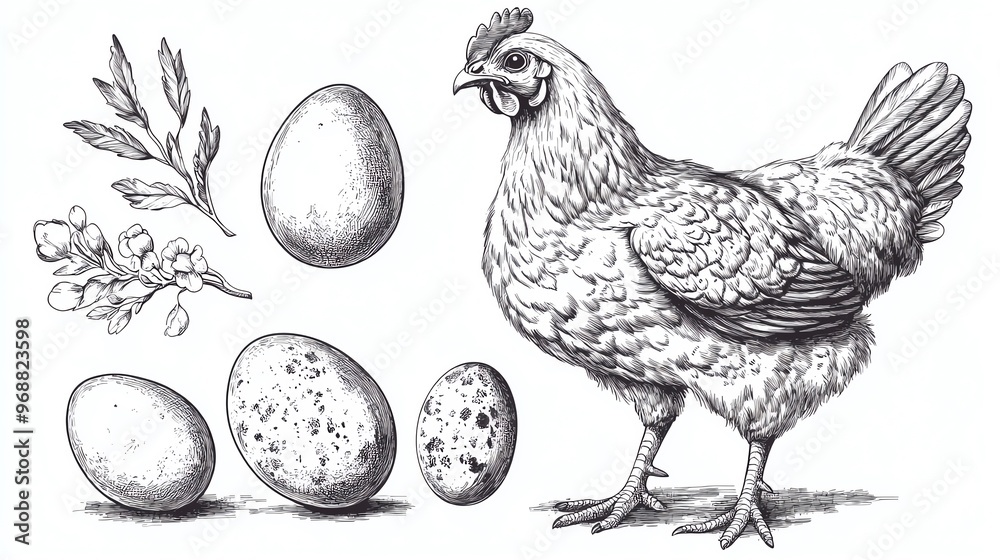 Chicken eggs and farm hen clipart, handdrawn, rustic style, bold black ...