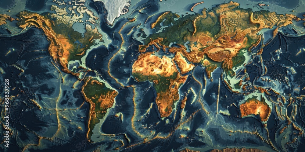 Detailed illustration of Earth's tectonic plates displayed on a world ...