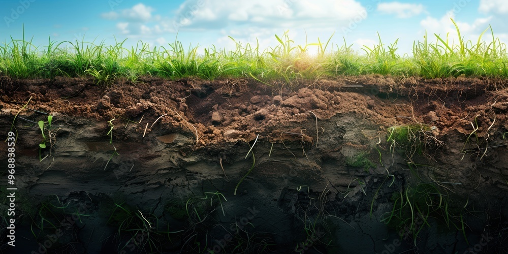 Cross-section of underground soil layers with grass surface and eroded ...