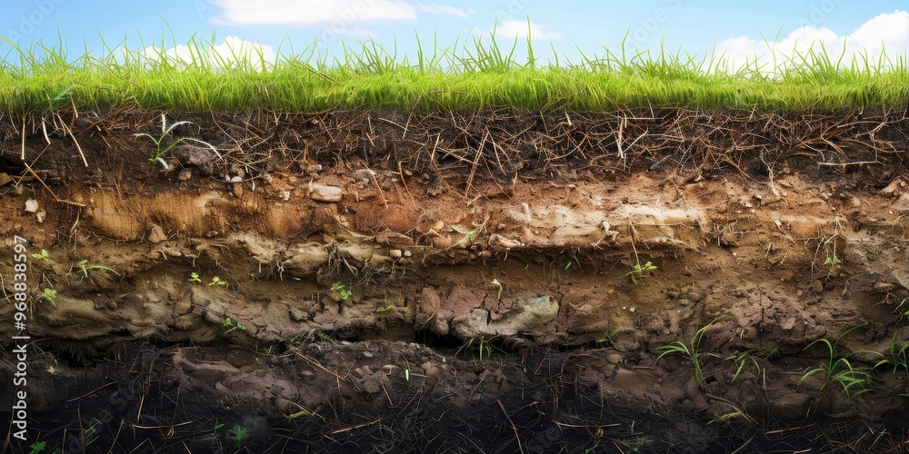 Cross-section of soil layers with grass above, showcasing erosion ...