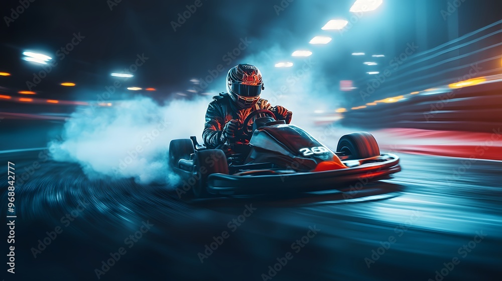 A go-kart drifting around a tight corner with a driver in bold, racing ...