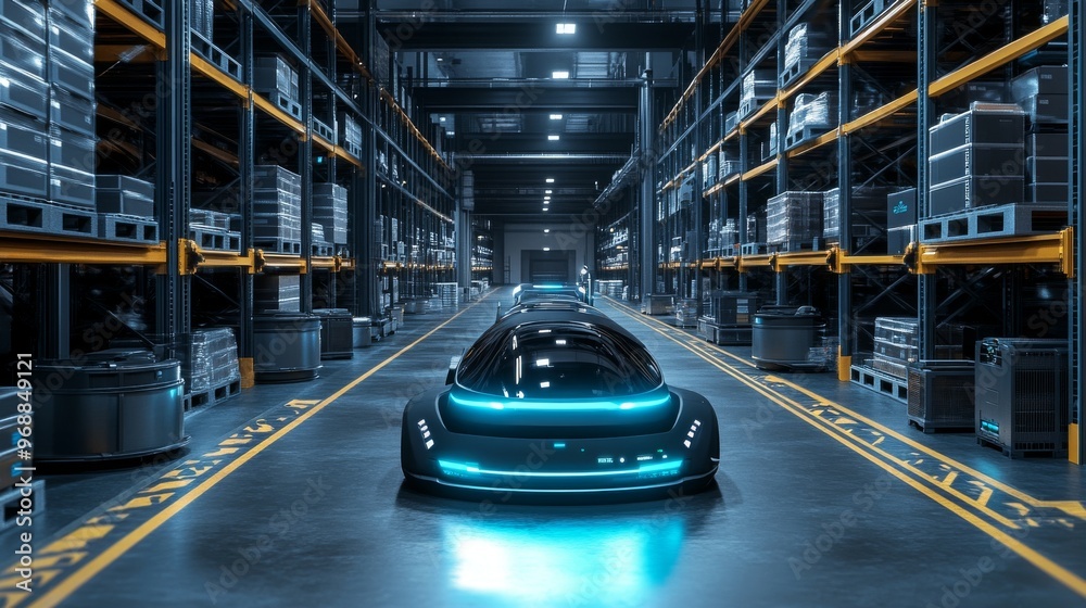 AI-powered smart logistics hub with automated vehicles and drones: A futuristic warehouse where ...
