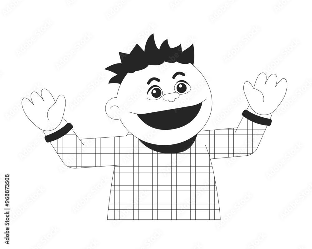 Hand puppet happy boy black and white 2D line character. Waving arms ...
