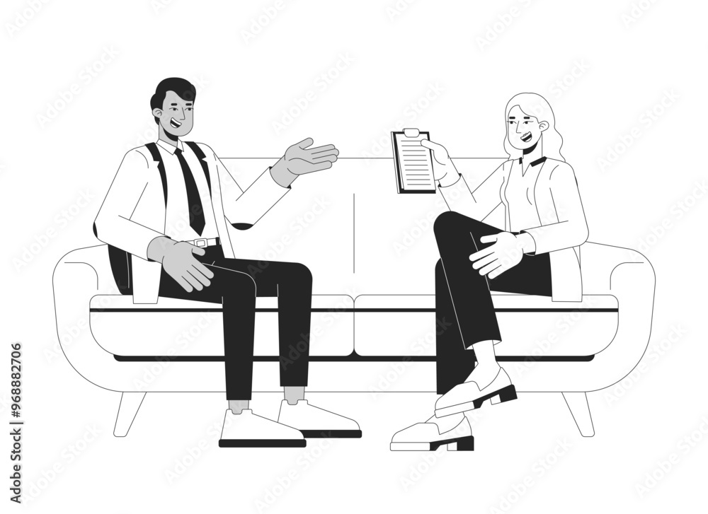 Female interviewer conducting interview job candidate black and white ...