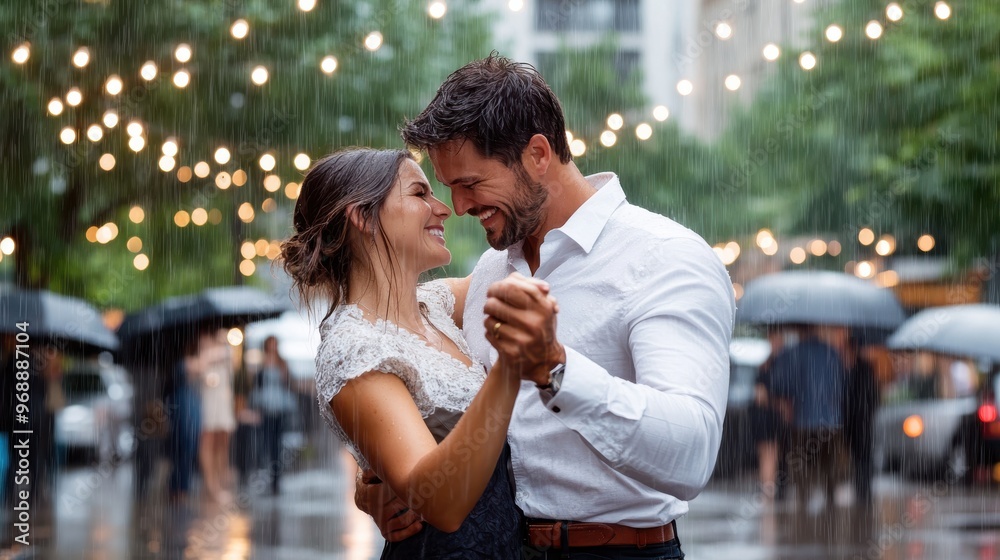 Romantic couple dancing together in the rain under twinkling string ...