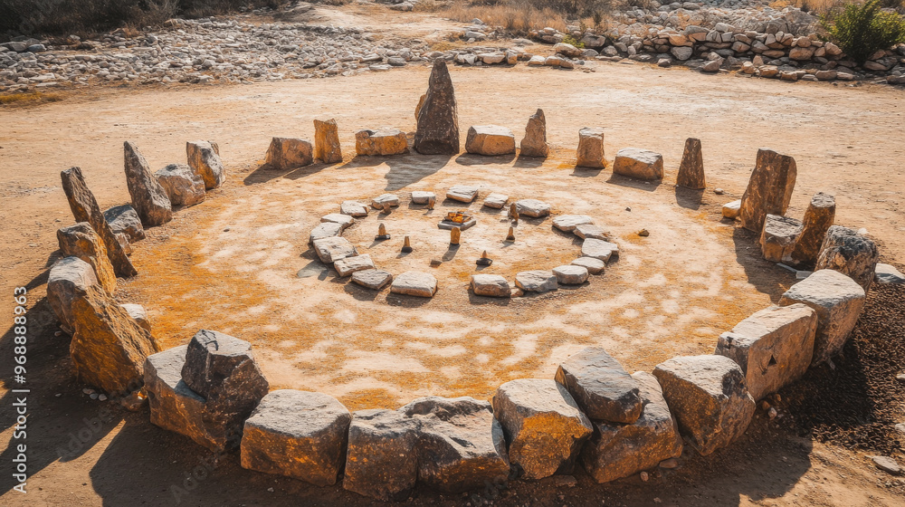 Sacred site of an indigenous religion, stone structures arranged in a ...