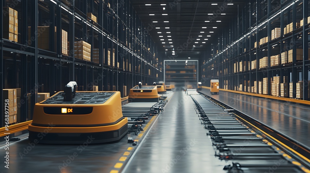 36. An automated warehouse system with robots handling and sorting packages Stock Photo | Adobe ...