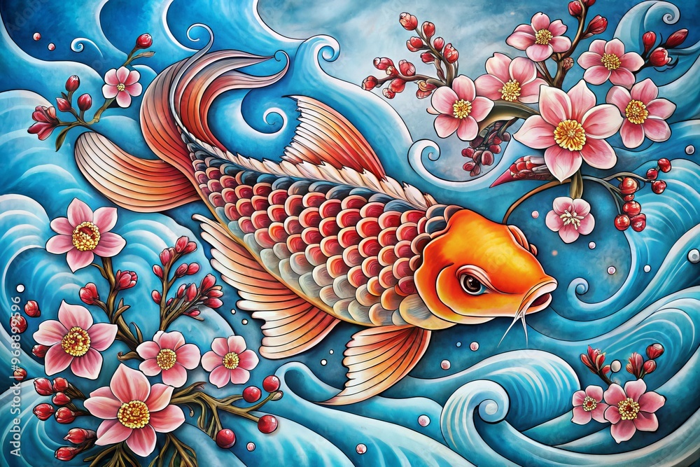 "Design a traditional Japanese tattoo of a koi fish swimming among ...