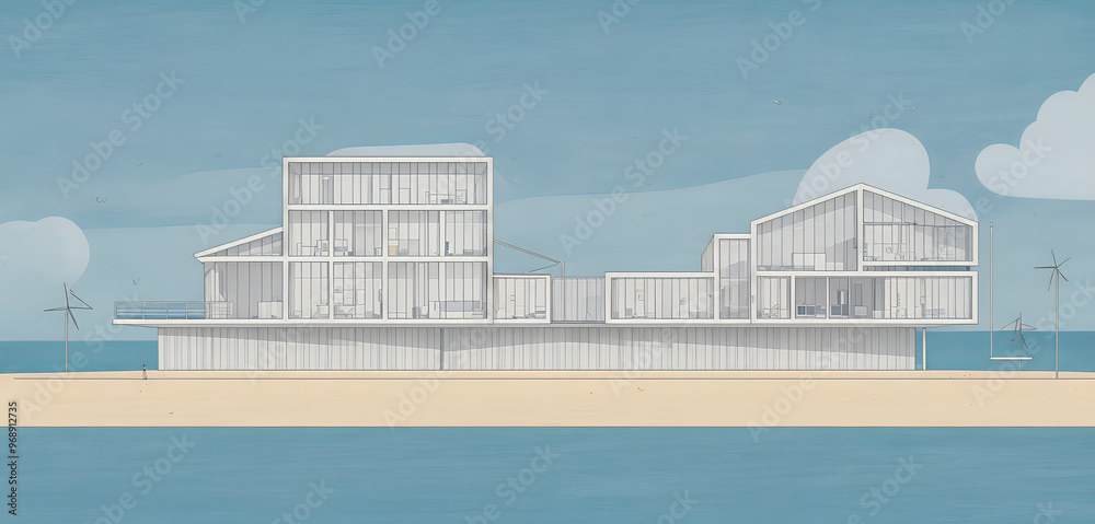Illustrative frontal view of a new, modern and clearly architecturally ...