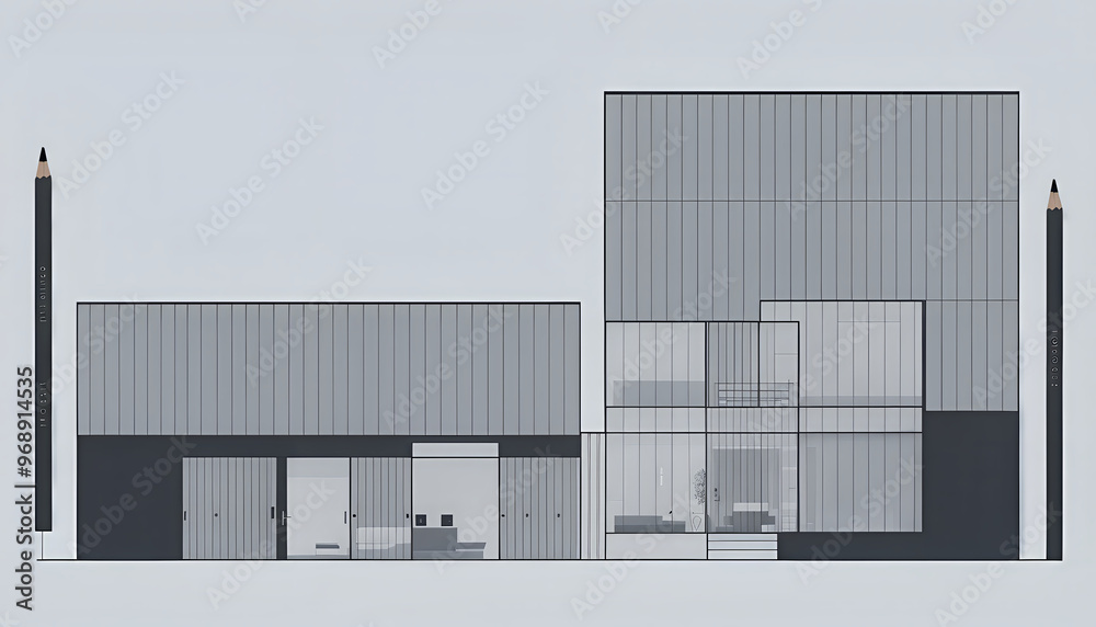 Illustrative frontal view of a new, modern and clearly architecturally ...