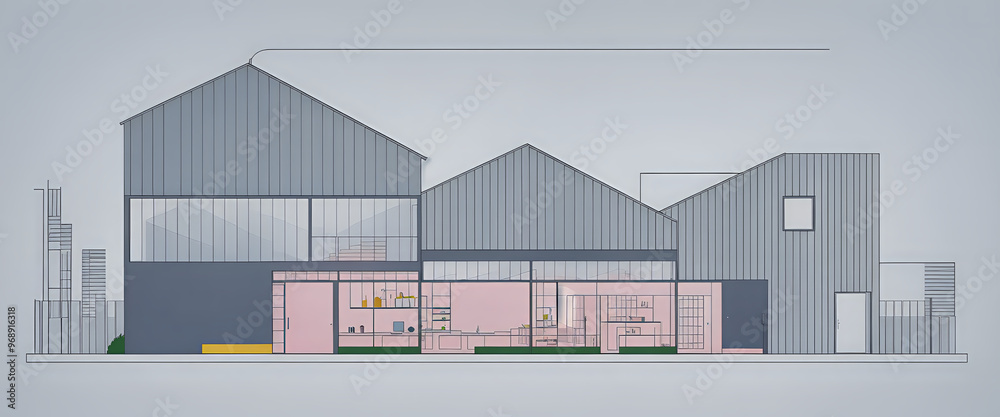 Illustrative frontal view of a new, modern and clearly architecturally ...