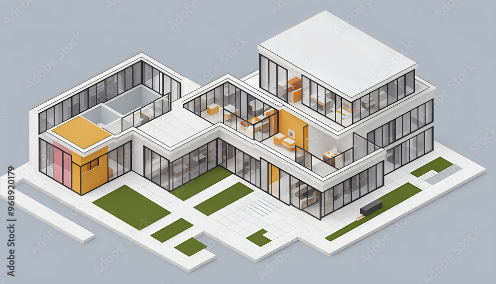 Illustrative frontal view of a new, modern and clearly architecturally ...