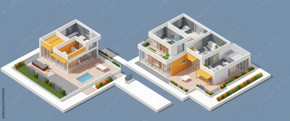 Illustrative frontal view of a new, modern and clearly architecturally ...