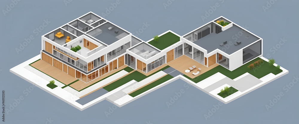 Illustrative frontal view of a new, modern and clearly architecturally ...