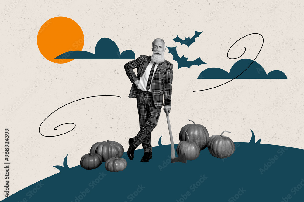 Composite photo collage of serious man serial killer hold ax pumpkin ...