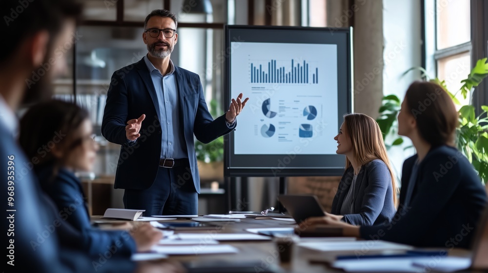 Staff meeting at long desk on presentation in office room. Manager ...