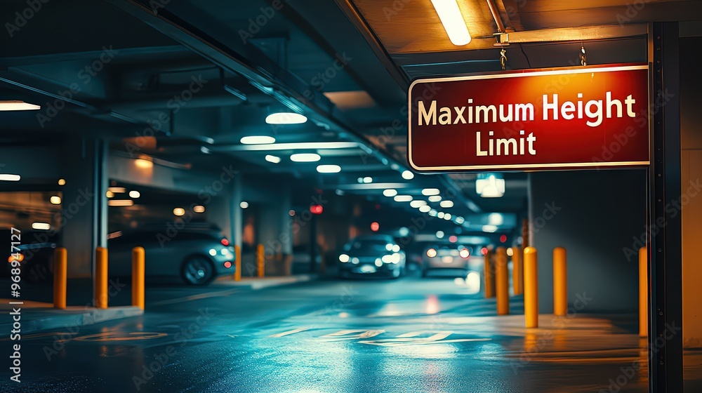 "Maximum Height Limit" sign at parking structure entrance, warning ...