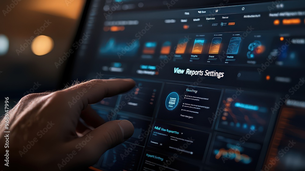 navigating through data analytics dashboard on a touchscreen, showcasing modern technology and ...