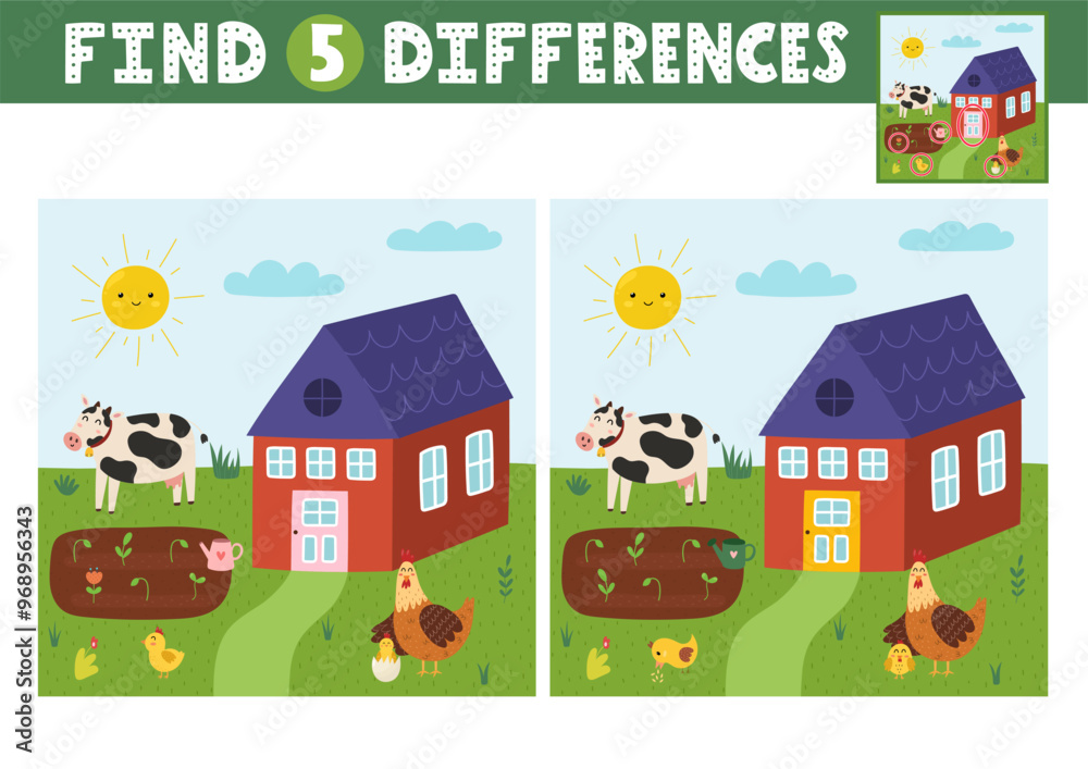 Find differences activity page for kids with cute farm animals. Puzzle ...