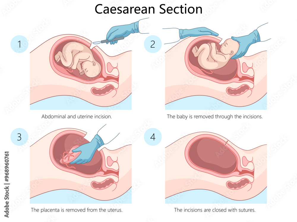 caesarean section procedure showing steps. incision, baby removal, placenta removal, suturing of ...