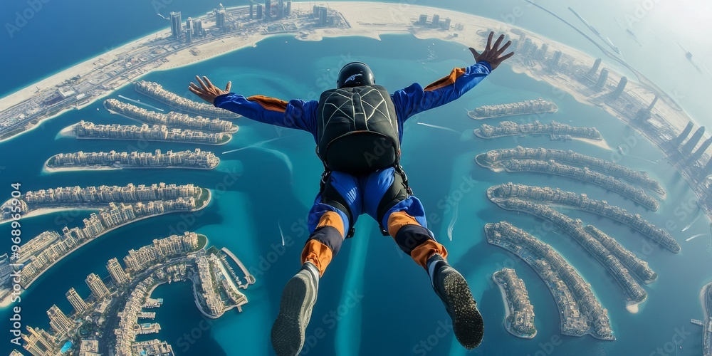 Skydiver over Palm Jumeirah, Dubai. Stock Illustration | Adobe Stock