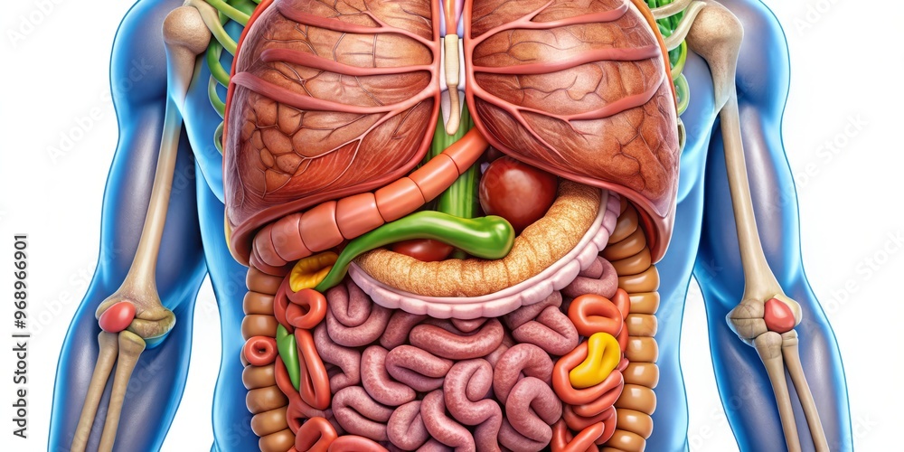 Gut cavity containing liver, stomach, small intestine, pancreas, spleen ...