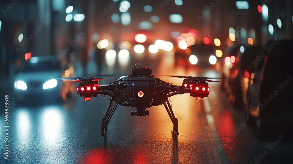 Autonomous AI-driven police drones monitoring high-traffic areas for ...
