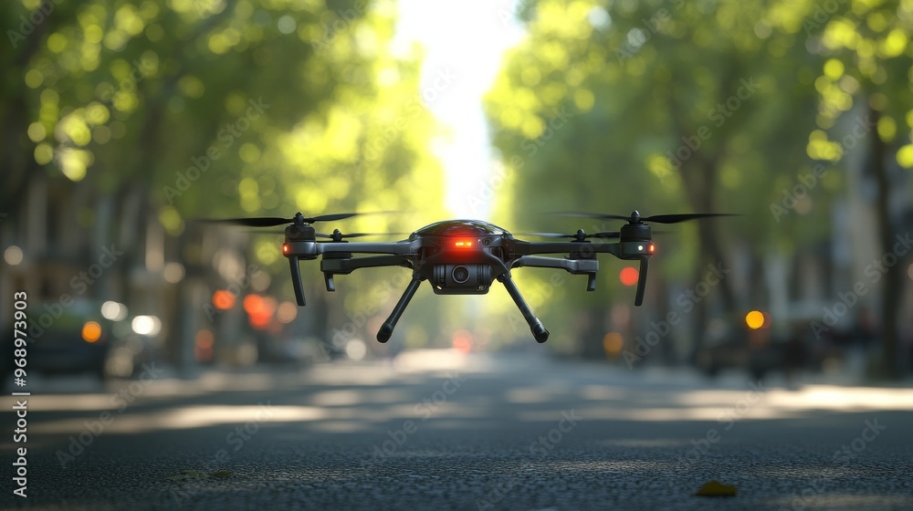 Autonomous AI-driven police drones monitoring high-traffic areas for ...