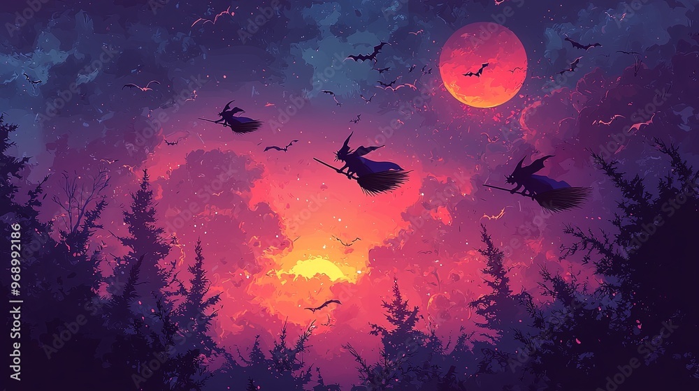 Three witches fly on broomsticks through the twilight sky as bats soar around them. The vivid ...