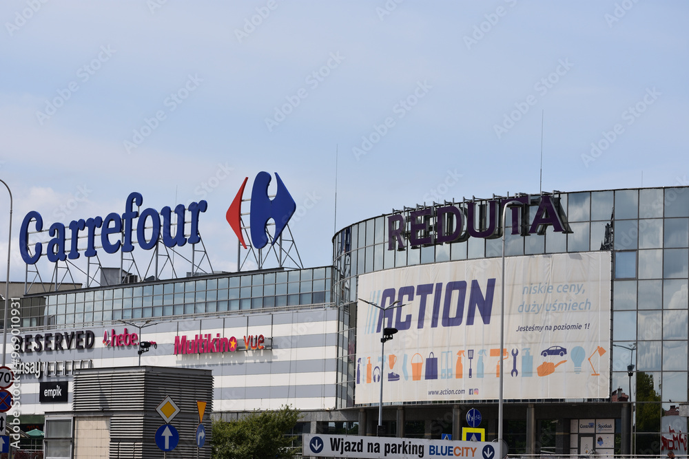 Carrefour supermarket signage, emblem, logo at Atrium Reduta shopping ...