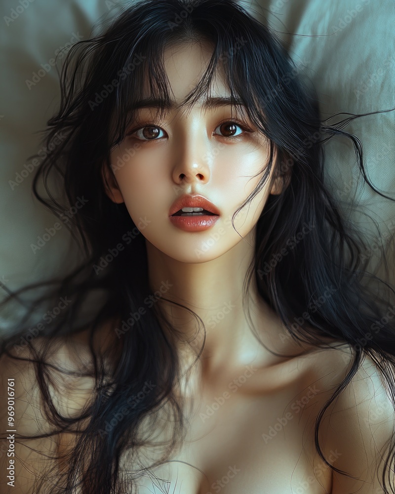 Portrait of pretty young Korean, Japanese, Chinese woman, girl sitting naked, with naked ...