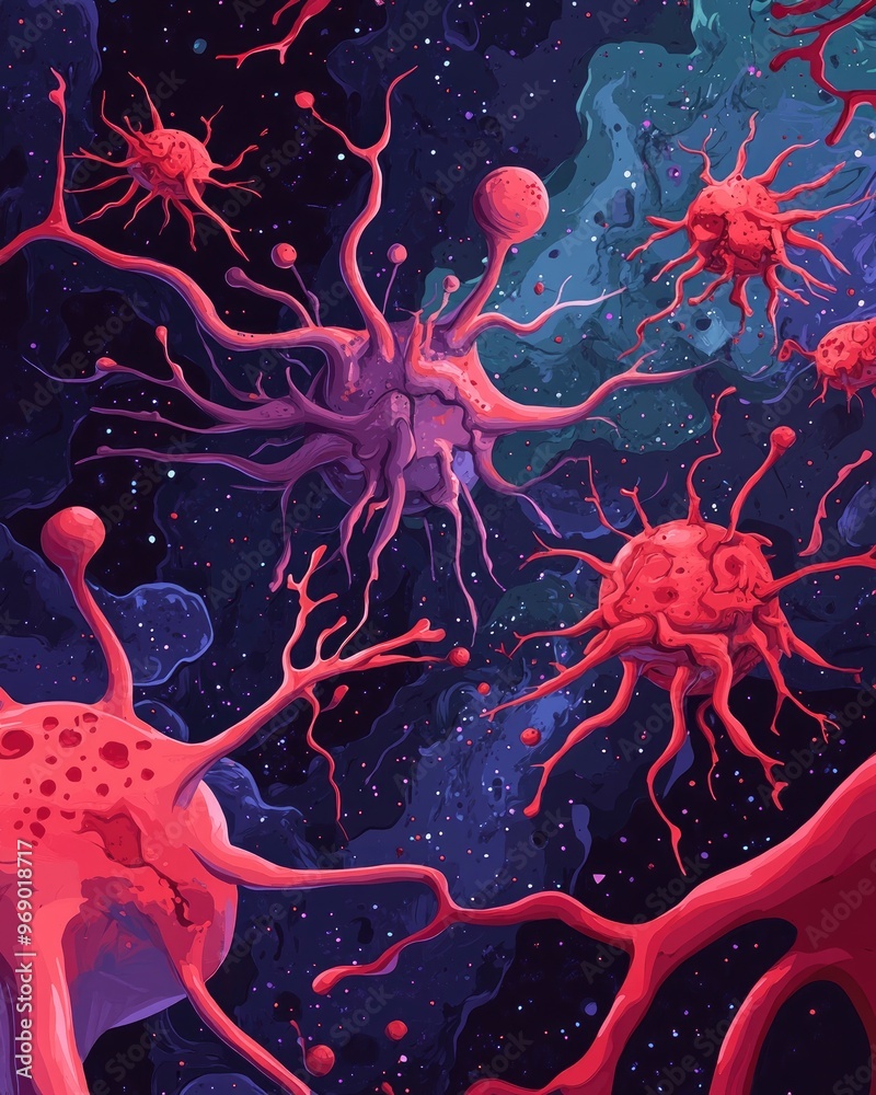 2D cartoon illustration of a neural network interconnected with stains ...