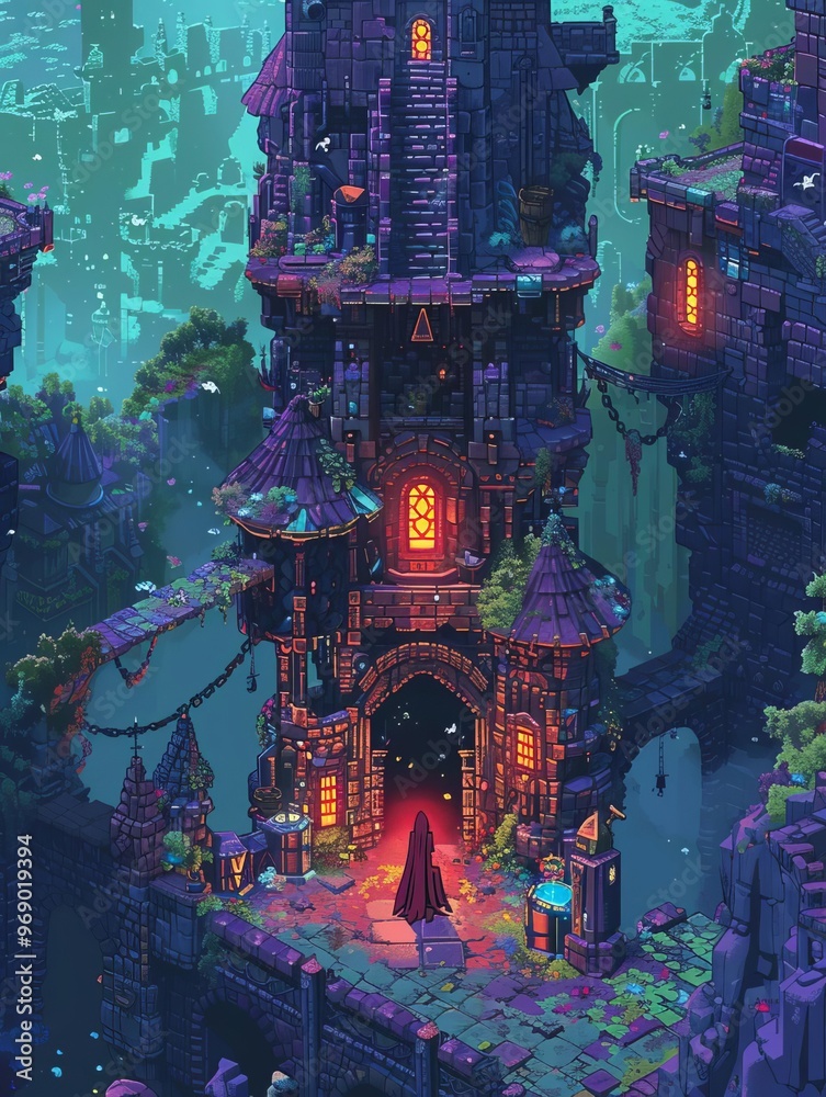 8bit sorcerer, mystical tower, pixel art style, vibrant colors, topdown ...