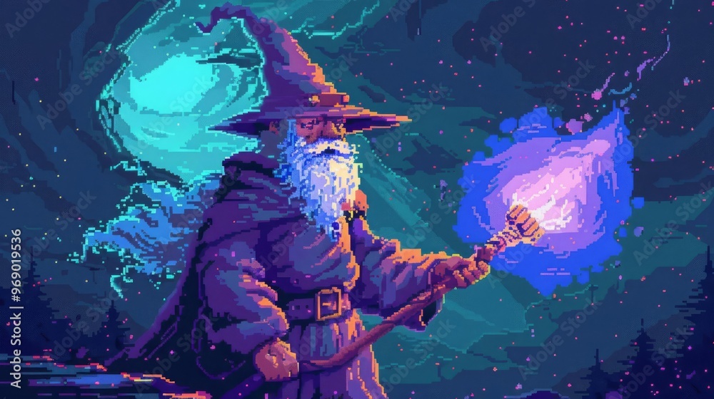 8bit wizard character, casting spells, pixel art style, vibrant colors ...