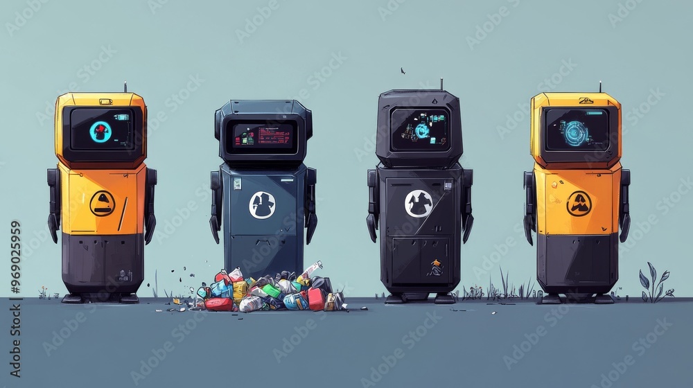 Futuristic AI-powered recycling robots sorting waste in households ...