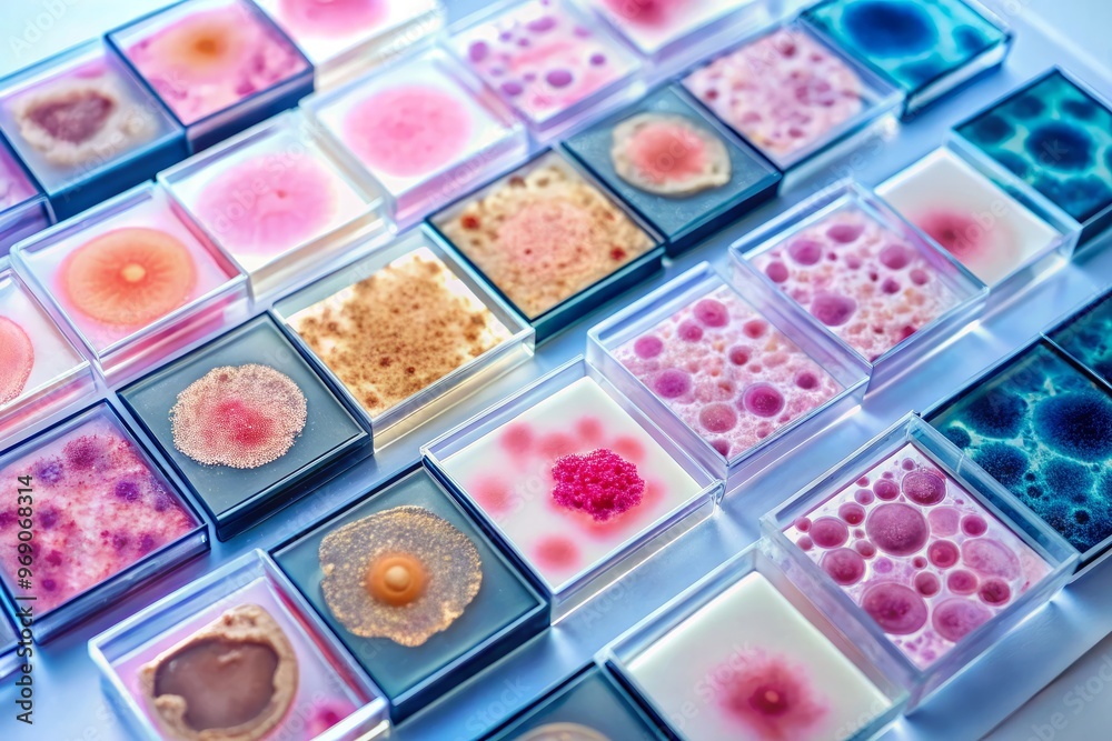 Ilustración de Stock Microscopic slides of skin biopsy, serological ...