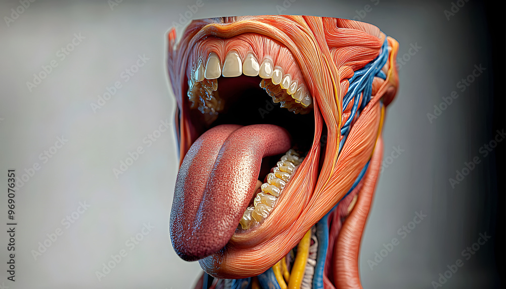 Anatomical illustration of the human mouth and tongue, showing muscles ...